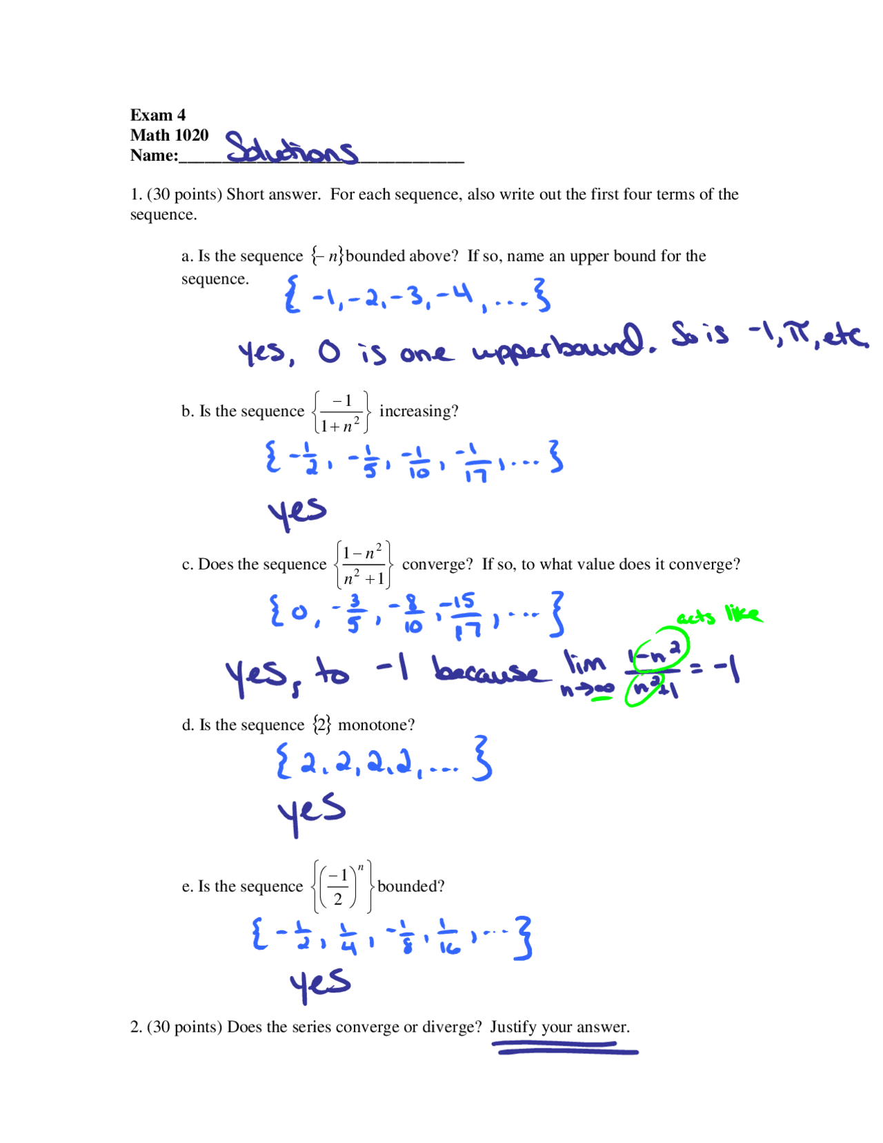 Exam 4 With Resolutions Calculus Ii Math 1020 Docsity
