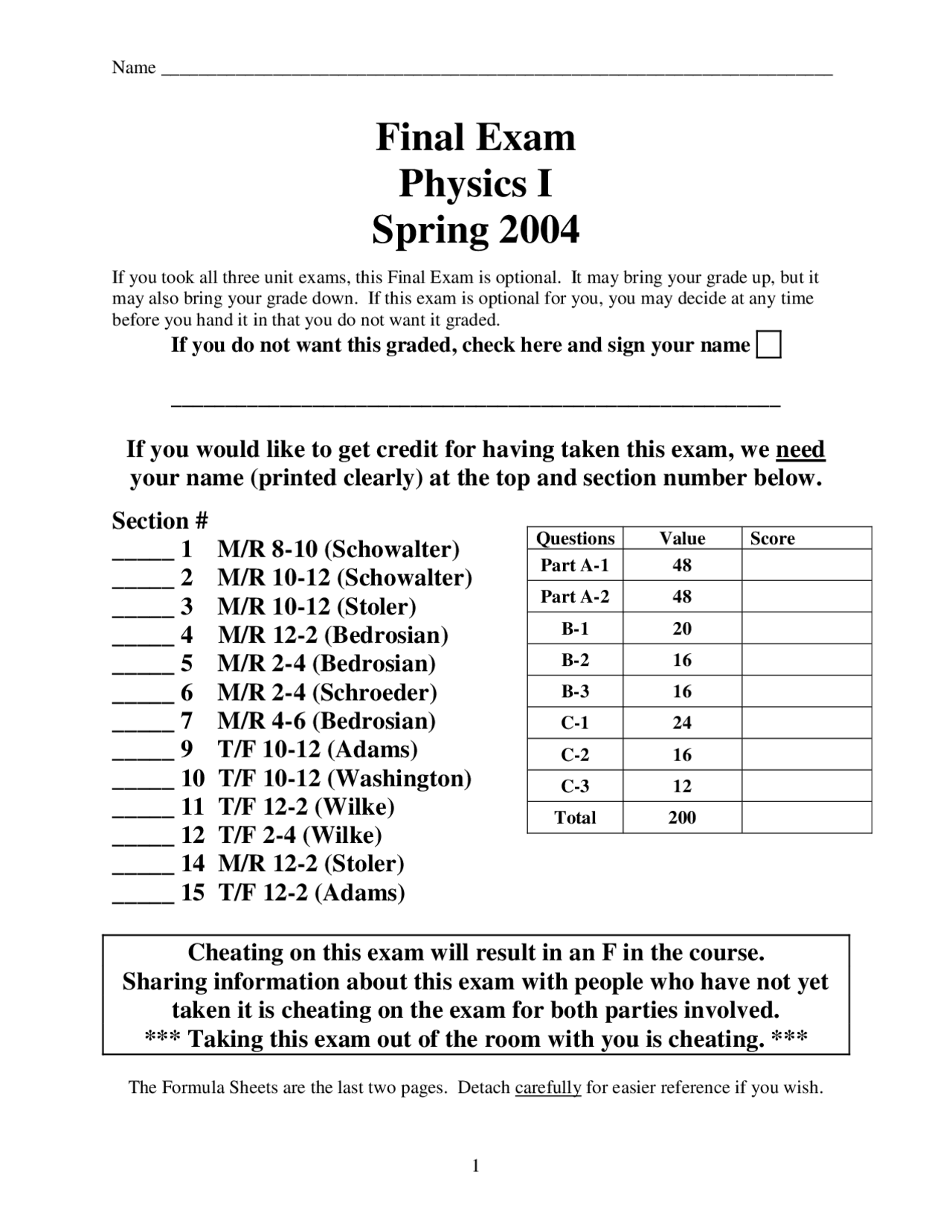 Warm Up And Equation Matching On Physics L Final Exam Phys 1100