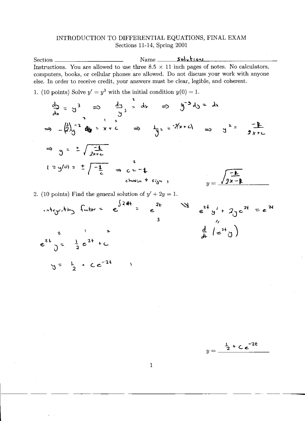 Final Exam Solution - Introduction to Differential Equations | MATH 2400 - Docsity