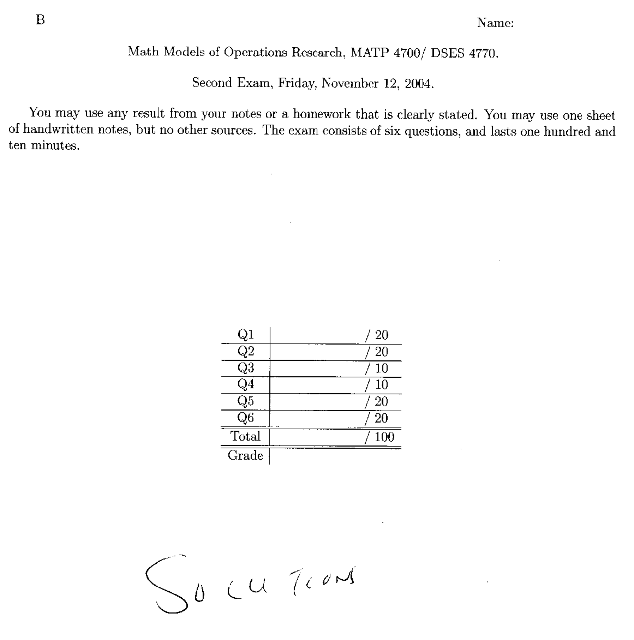 Solutions To Second Exam Mathematical Models Of Operations Research