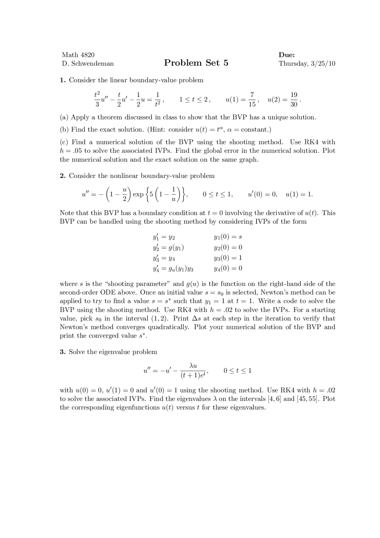 Numerical Methods for Differential Equations - Problem Set 5 with Answers | MATH 4820 ...