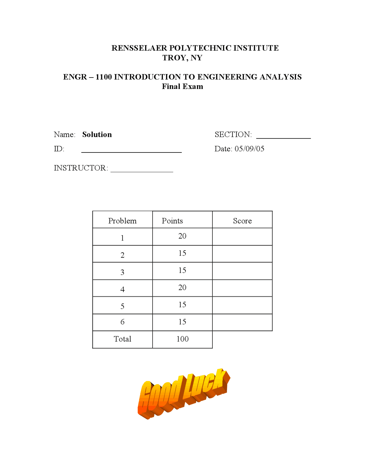 Final Exam Problems Solutions Introduction To Engineering Analysis Engr 1100 Docsity