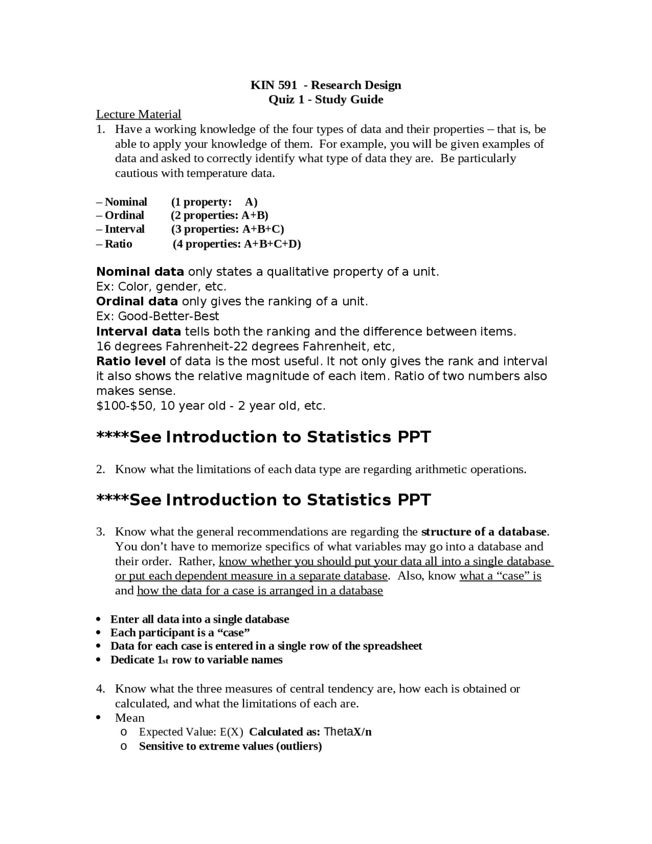 Quiz 1 Study Guide - Research Design | KIN 591 - Docsity