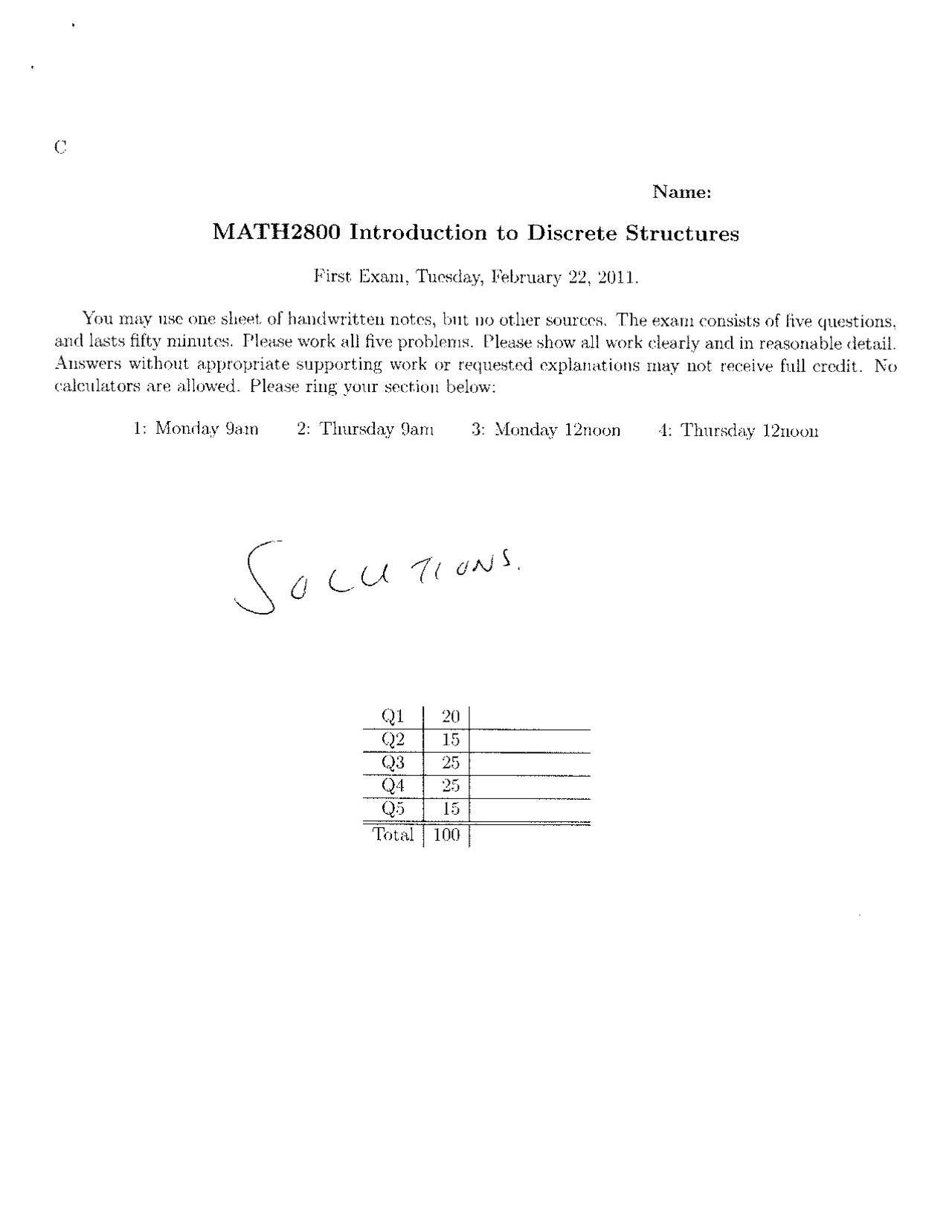 Exam 1 With Answers Introduction To Discrete Structures Math 2800