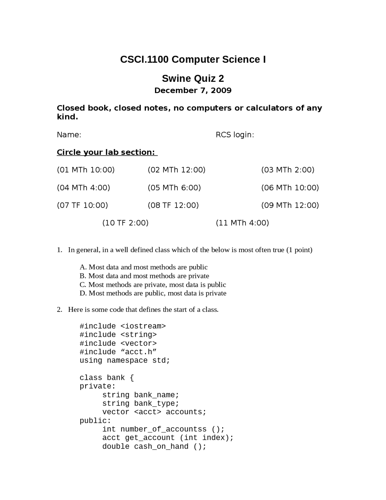 Quiz 2 With Solutions Computer Science I Csci 1100 Docsity