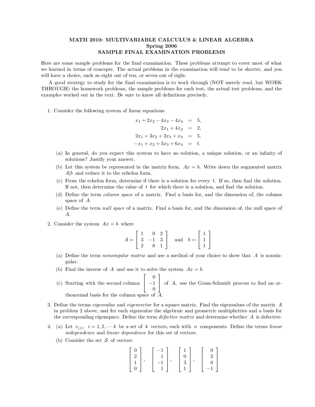 Sample Final Exam Problems Multivariate Calculus And Matrix Algebra