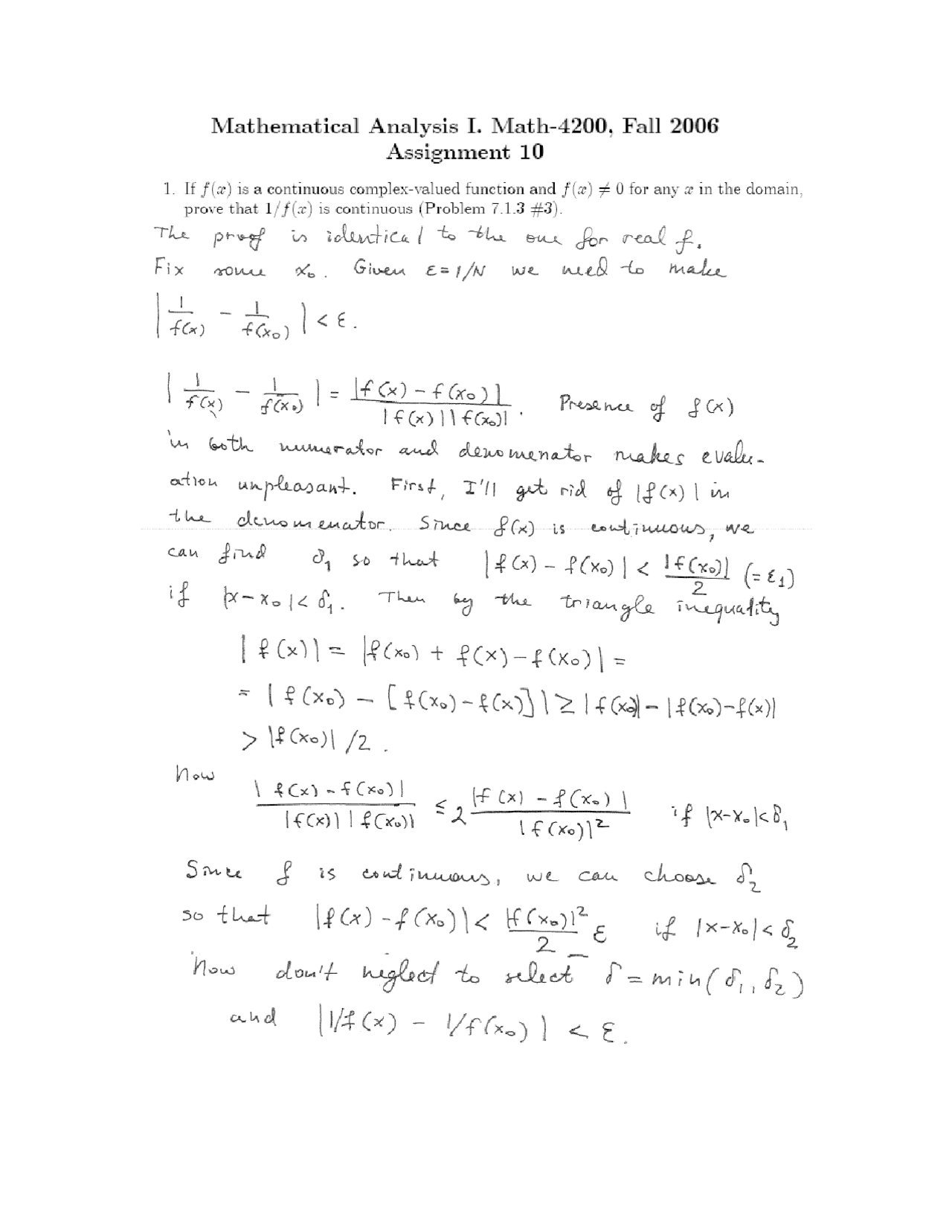 Assignment 10 Questions Mathematical Analysis I Math 4200 Docsity