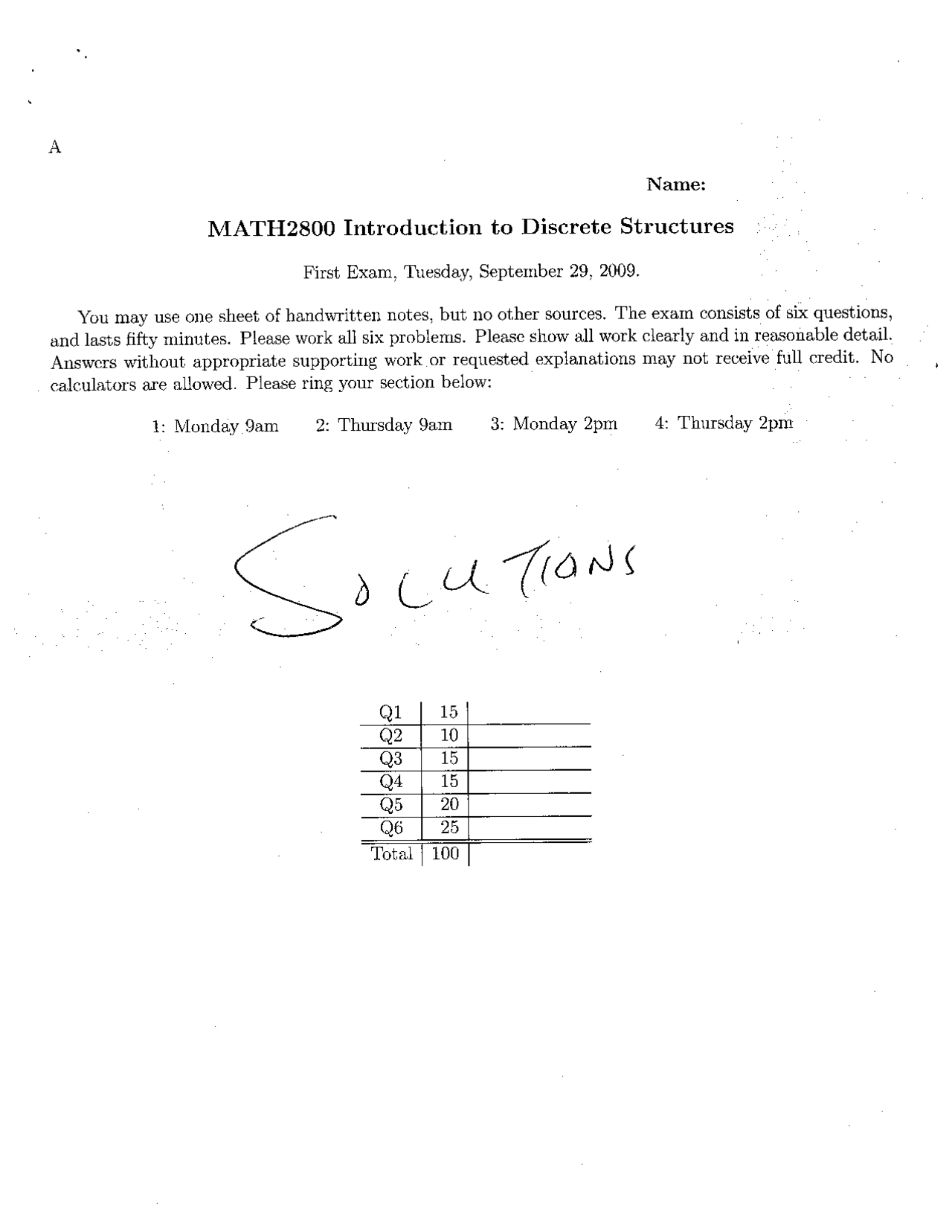 Exam 1 With Solutions Introduction To Discrete Structures Math