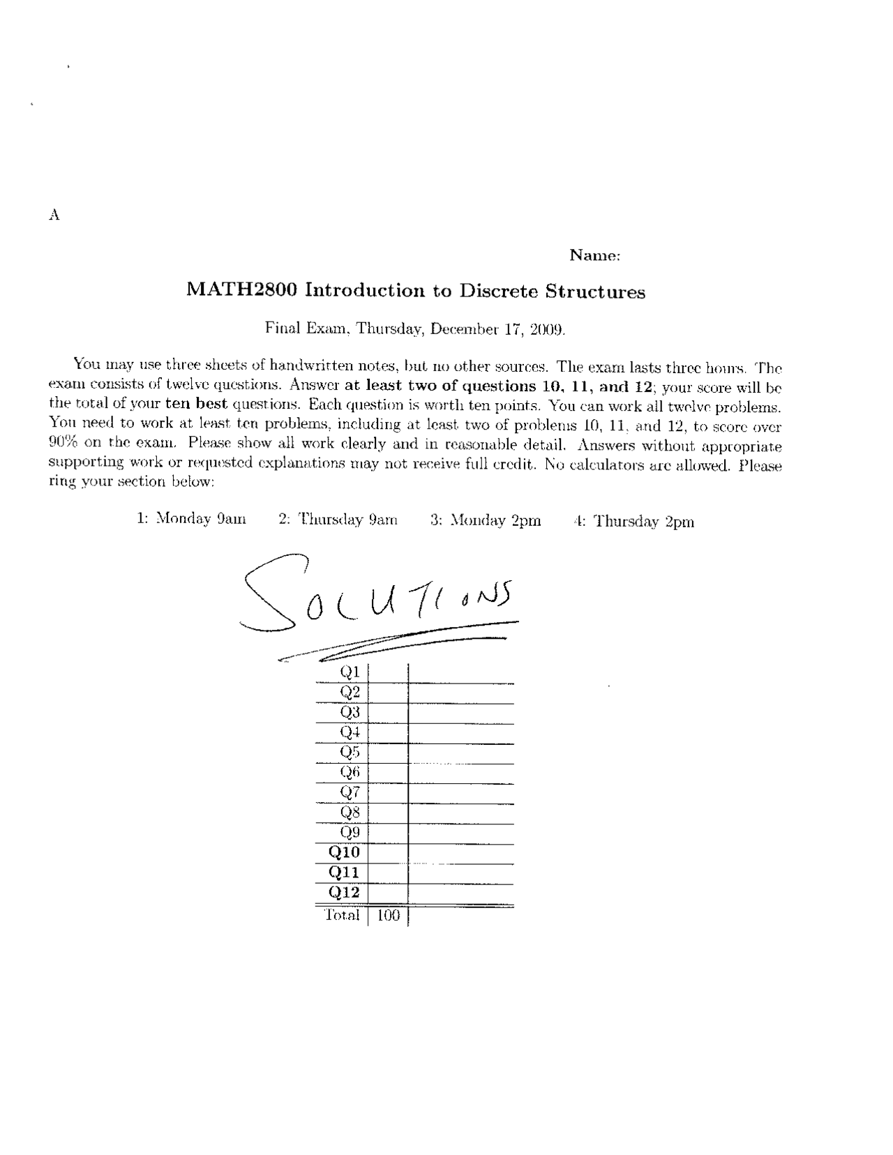 Final Exam With Solutions Introduction To Discrete Structures Math