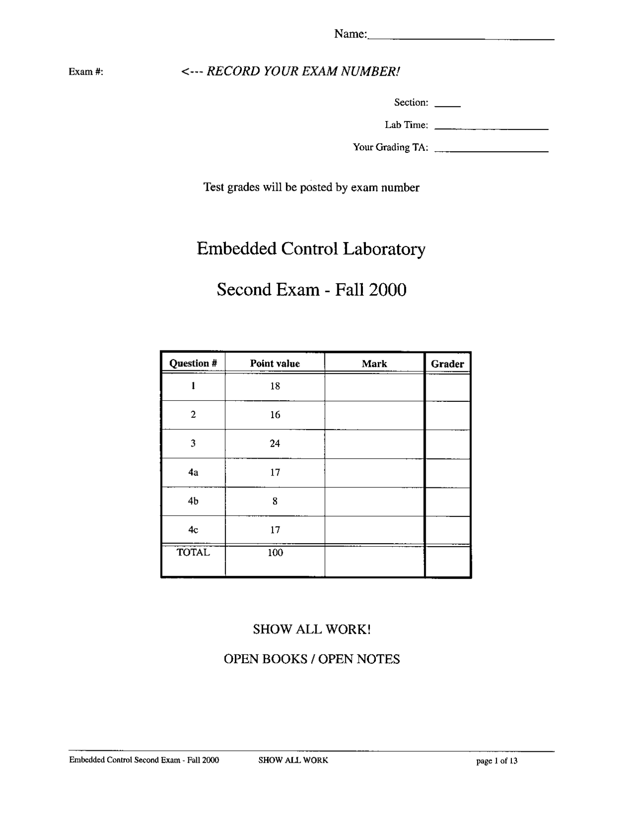 Embedded Control Laboratory Exam 2 Fall 2000 Engr 2350 Docsity