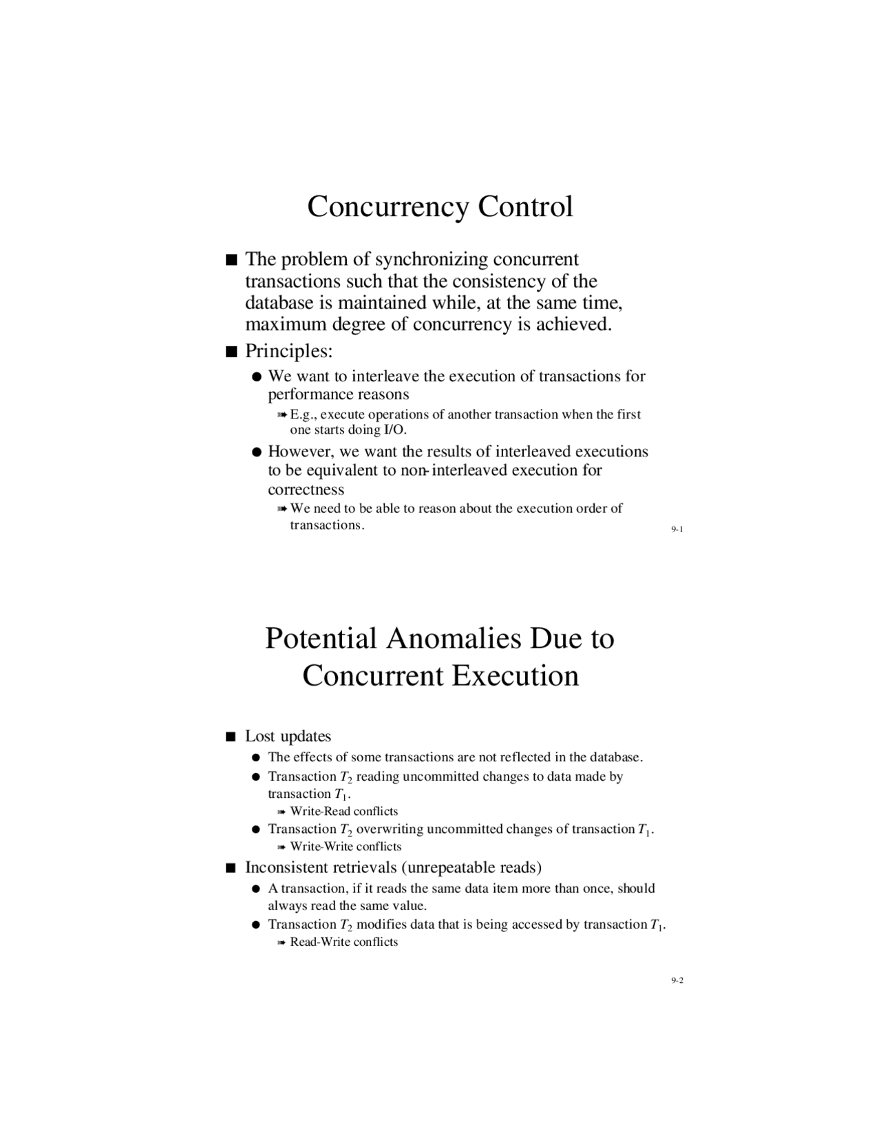 Concurrency Control Introduction To Database Systems Lecture 09 Slides