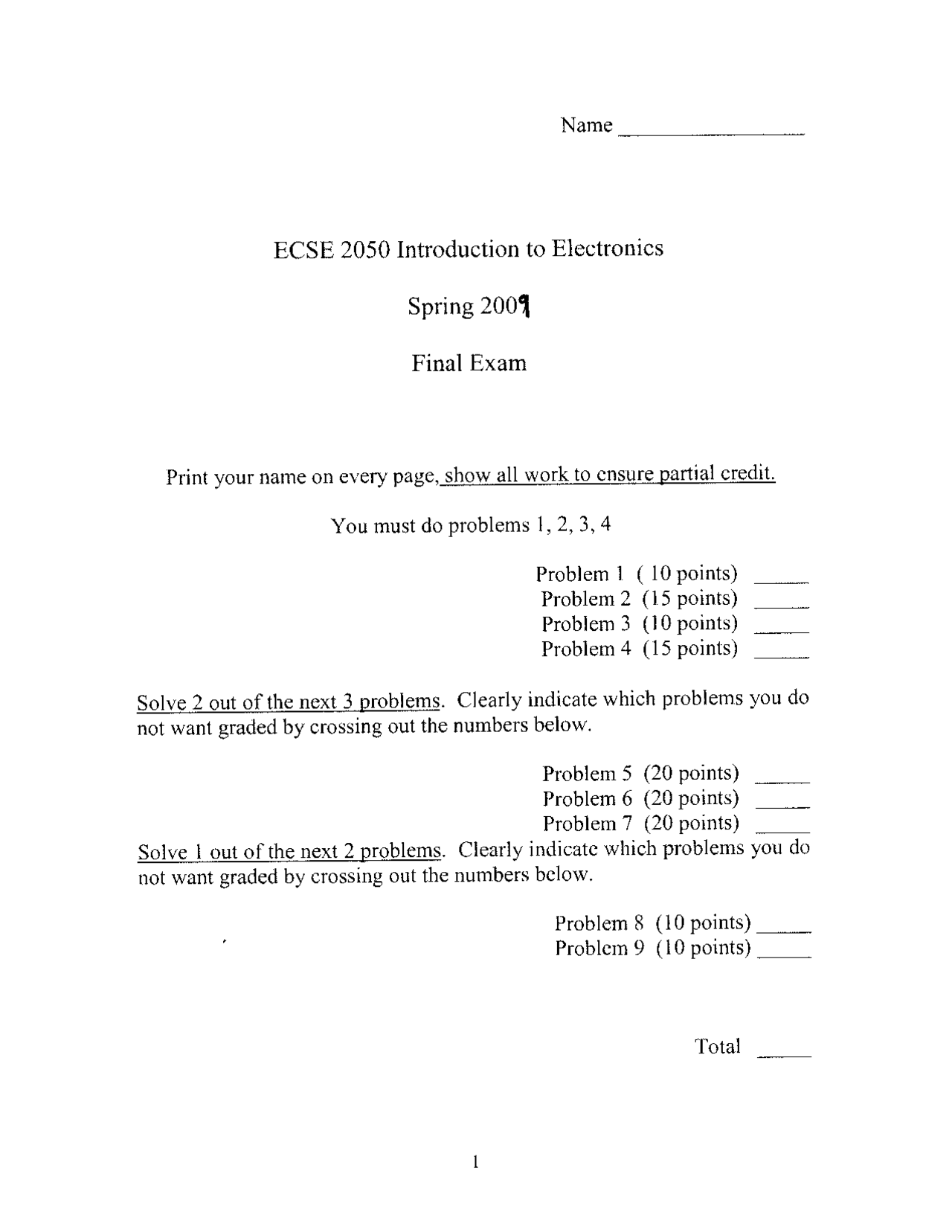 Final Exam with Solutions - Introduction to Electronics | ECSE 2050 | Exams Basic Electronics ...