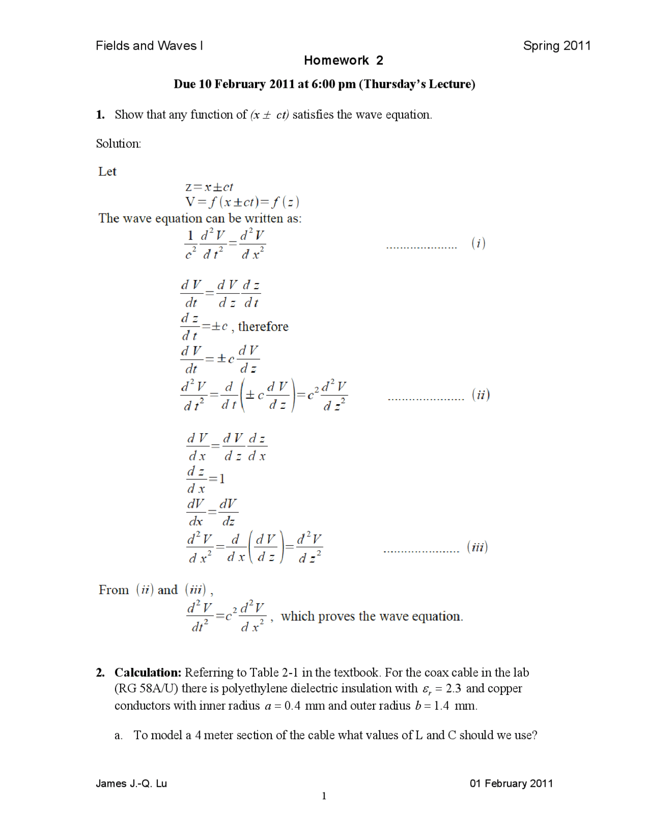 Homework 2 Solutions Field And Waves I Ecse 2100 Docsity