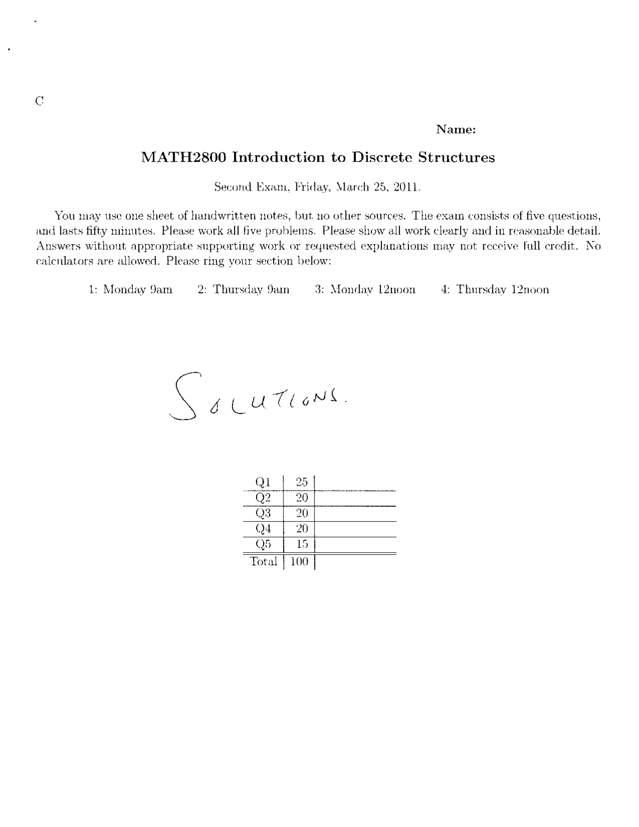 Introduction To Discrete Mathematics Exam 2 Questions With Solution
