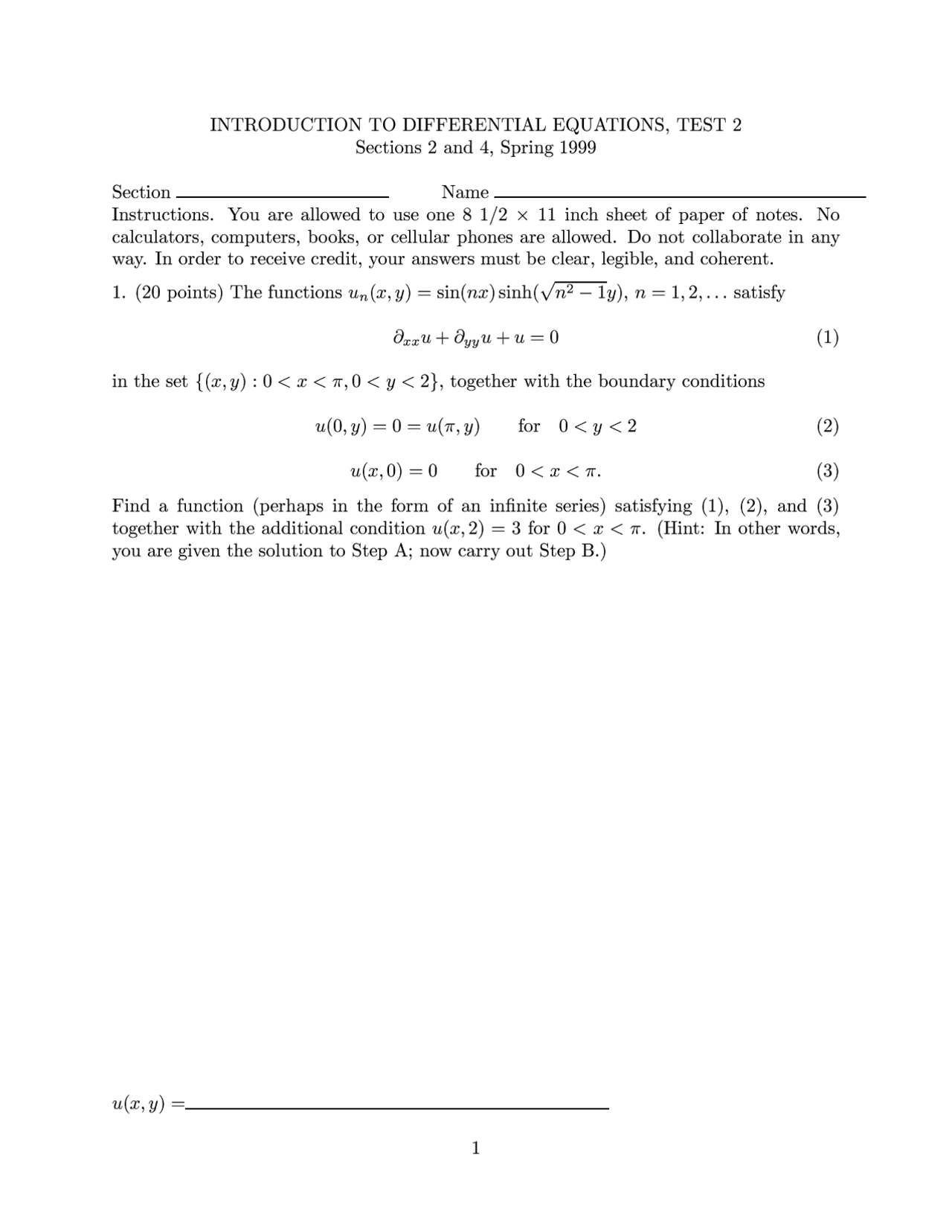 Introduction Differential Equations Test 2 Spring 1999 Math 2400