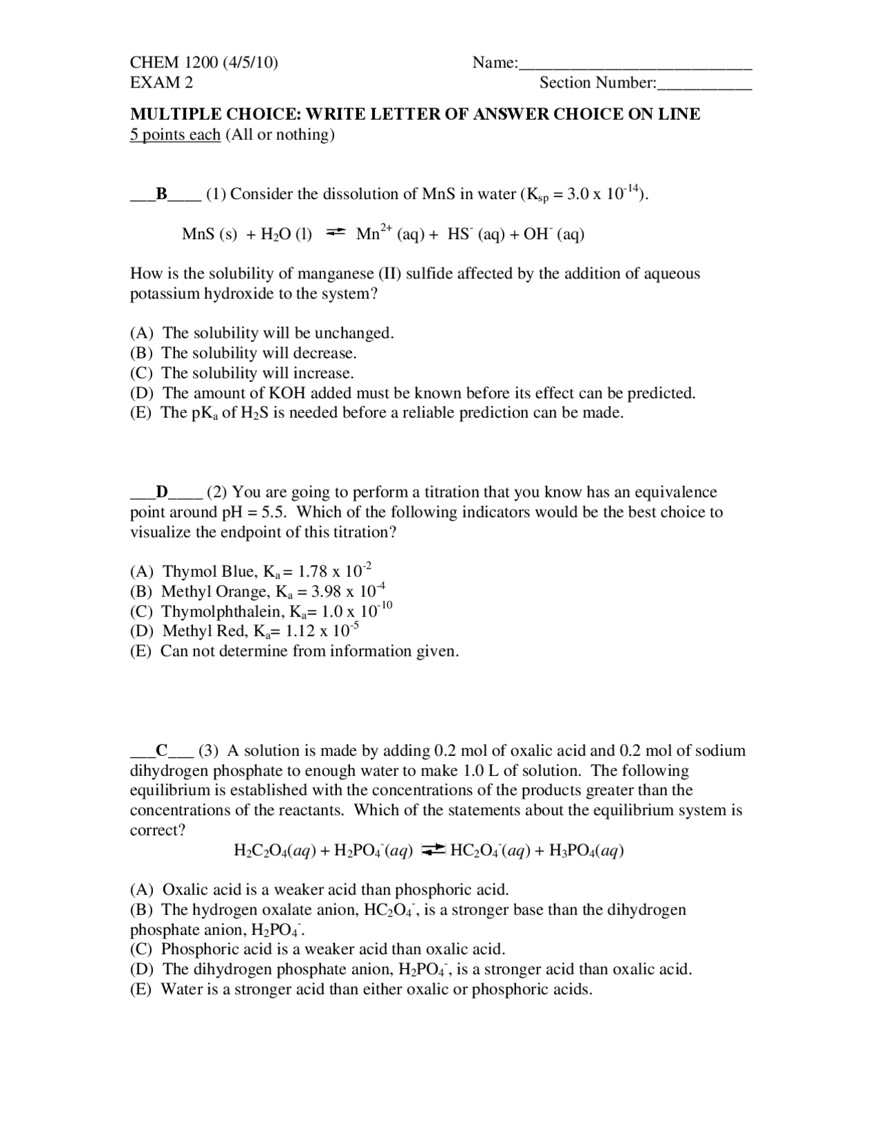 Practice Exam 2 - 6 Problems on Chemistry II | CHEM 1200 | Exams ...