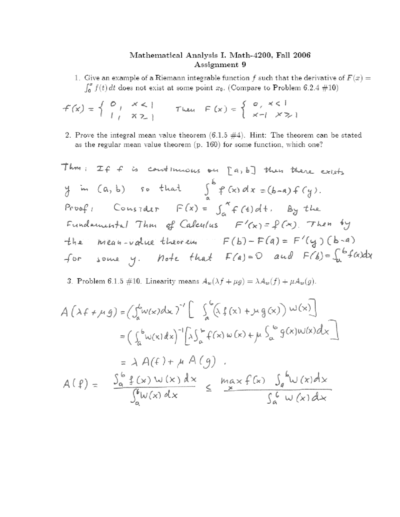 Solved Homework 9 Questions Mathematical Analysis I Math 4200 Docsity