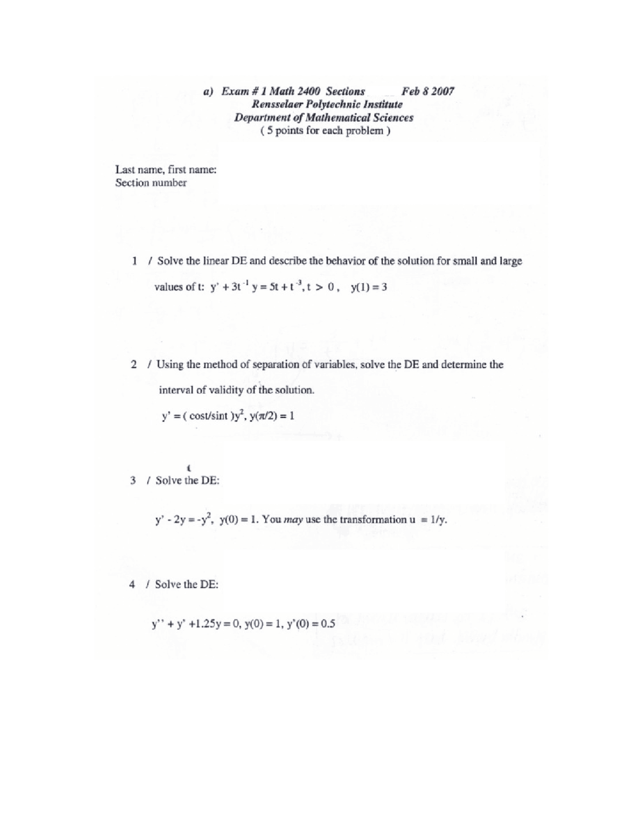 4 Questions For Exam 1 Introduction To Differential Equations Math