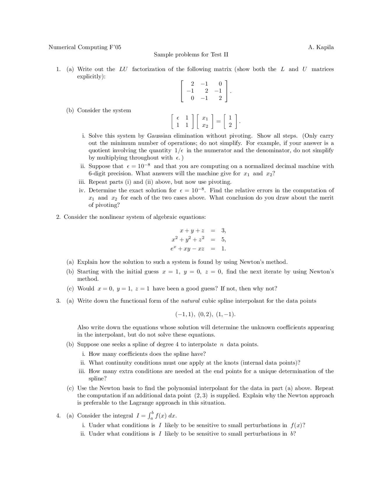 Sample Problems For Test Ii Numerical Computing Math 4800 Docsity