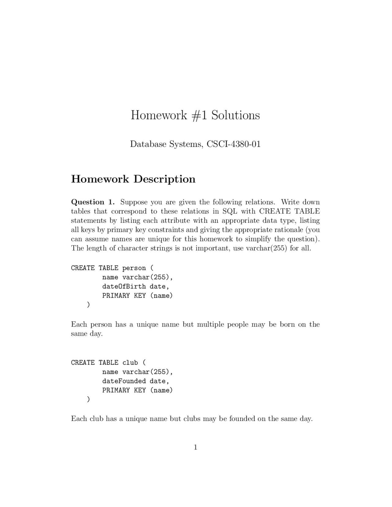 Homework 1 Solutions Database Systems Csci 4380 Assignments