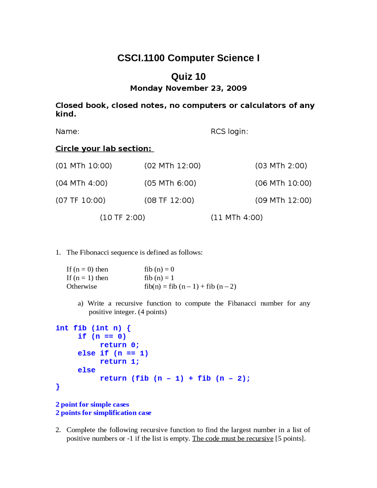 Quiz 10 Solved Questions Of Computer Science Csci 1100 Docsity