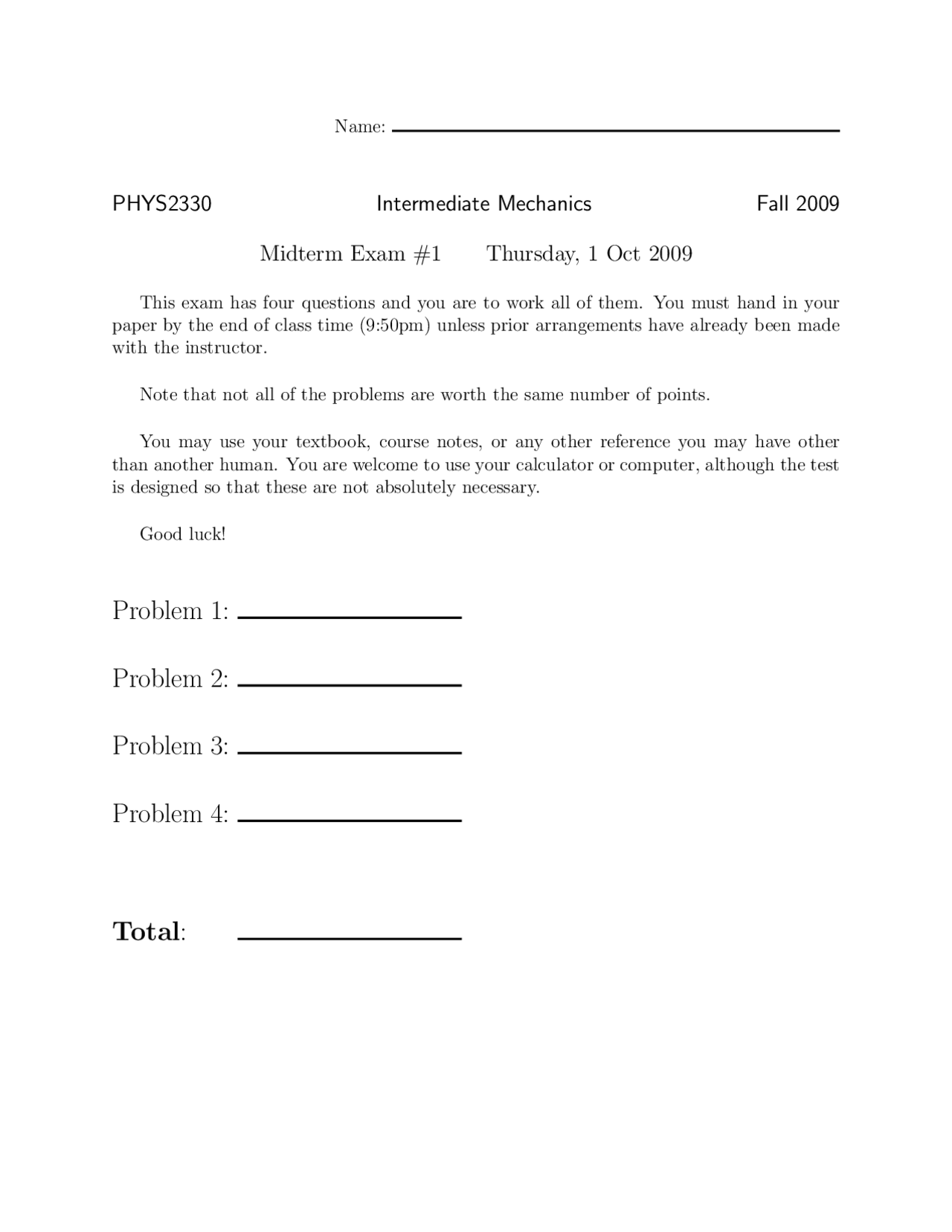 4 Problems On Moment Of Inertia Exam 1 Phys 2330 Docsity