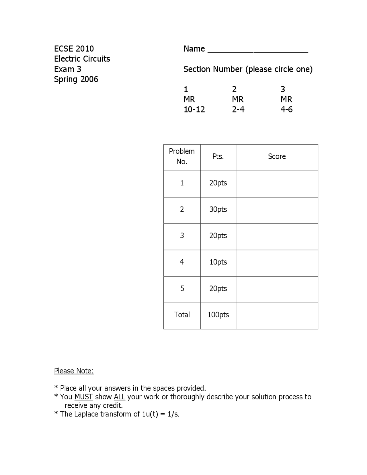 Practice Exam 3 Electric Circuits 2006 Ecse 2010 Docsity