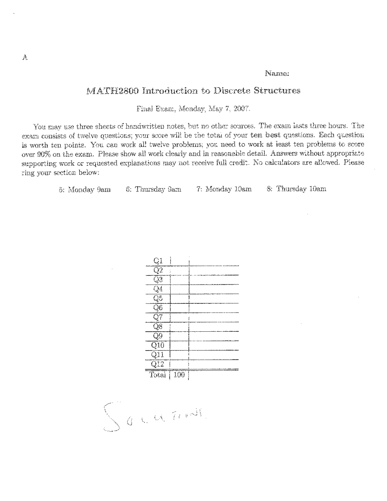 Final Exam With Solutions Introduction To Discrete Structures Math