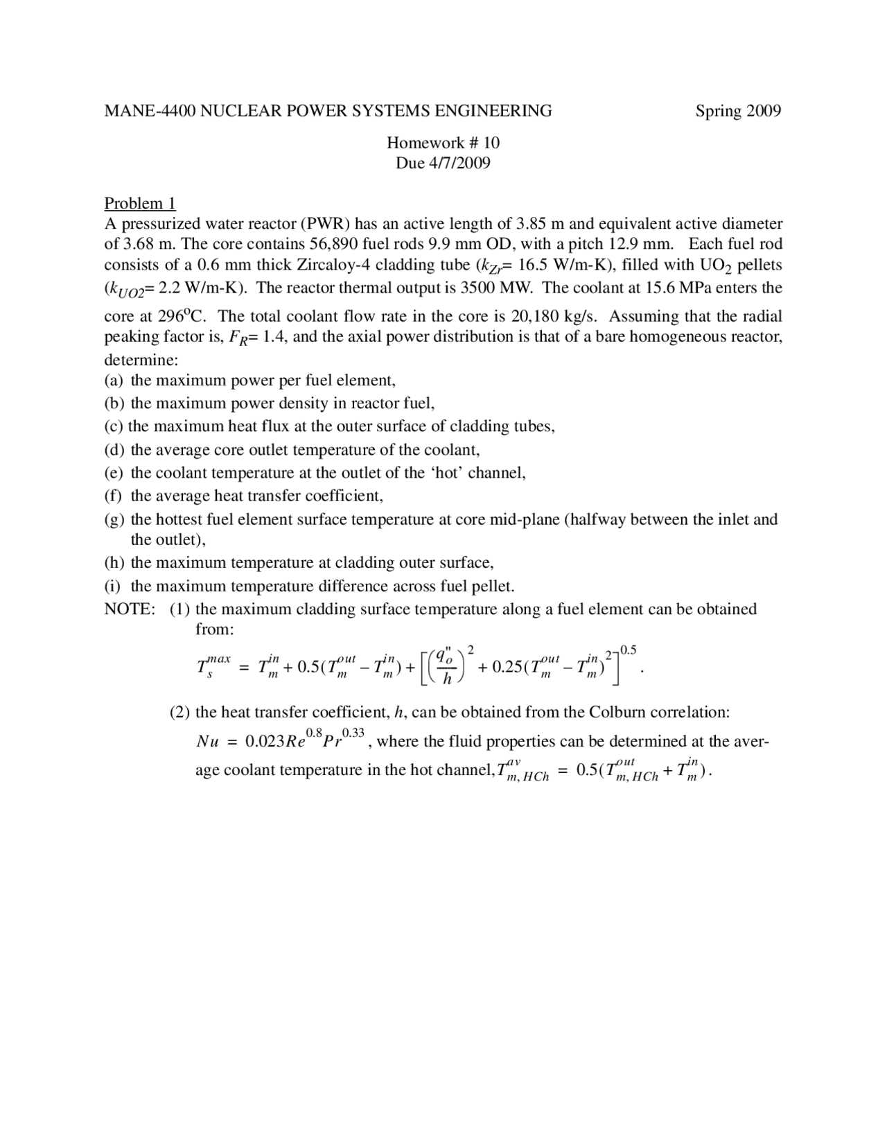Assignment 10 Questions Nuclear Power Systems Engineering Mane 4400