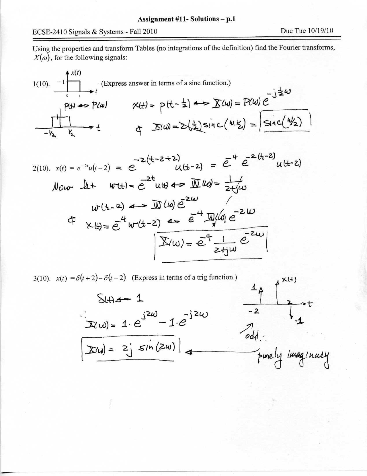 Problem Set 1 Solutions Signals And Systems Ecse 2410 Docsity