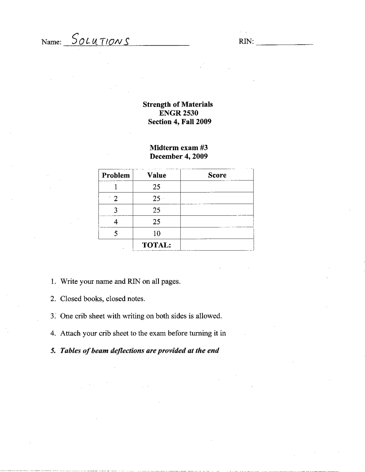 Strength Of Materials Exam 3 Questions With Solutions Engr 2530