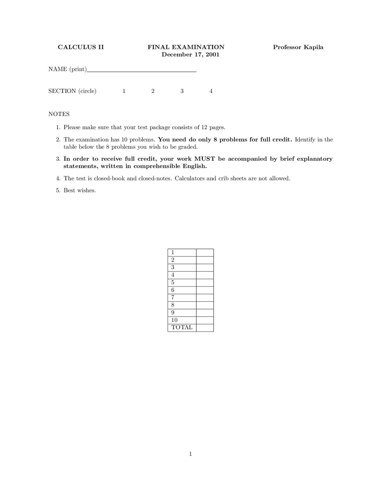 10 Questions In Final Exam Calculus Ii 2001 Math 1020 Docsity