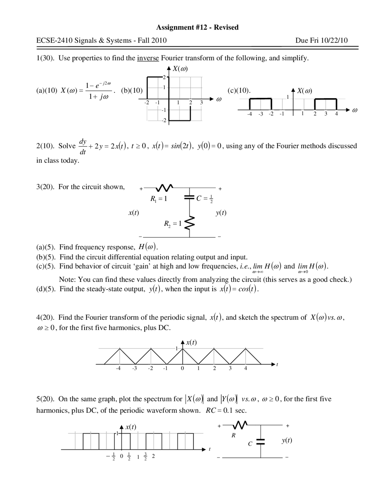 Assignment 12 Questions Signals And Systems Ecse 2410 Docsity