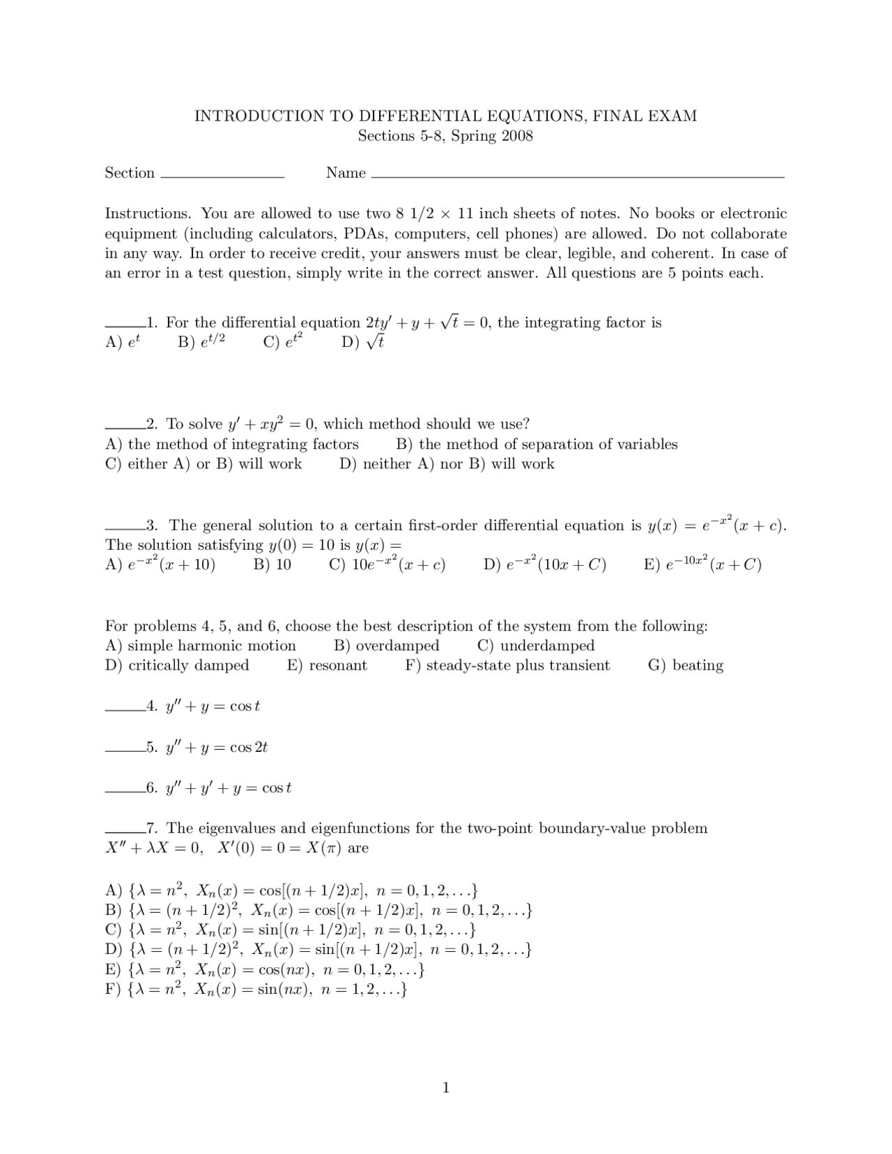 Questions on Introduction to Differential Equations - Final Exam | MATH ...