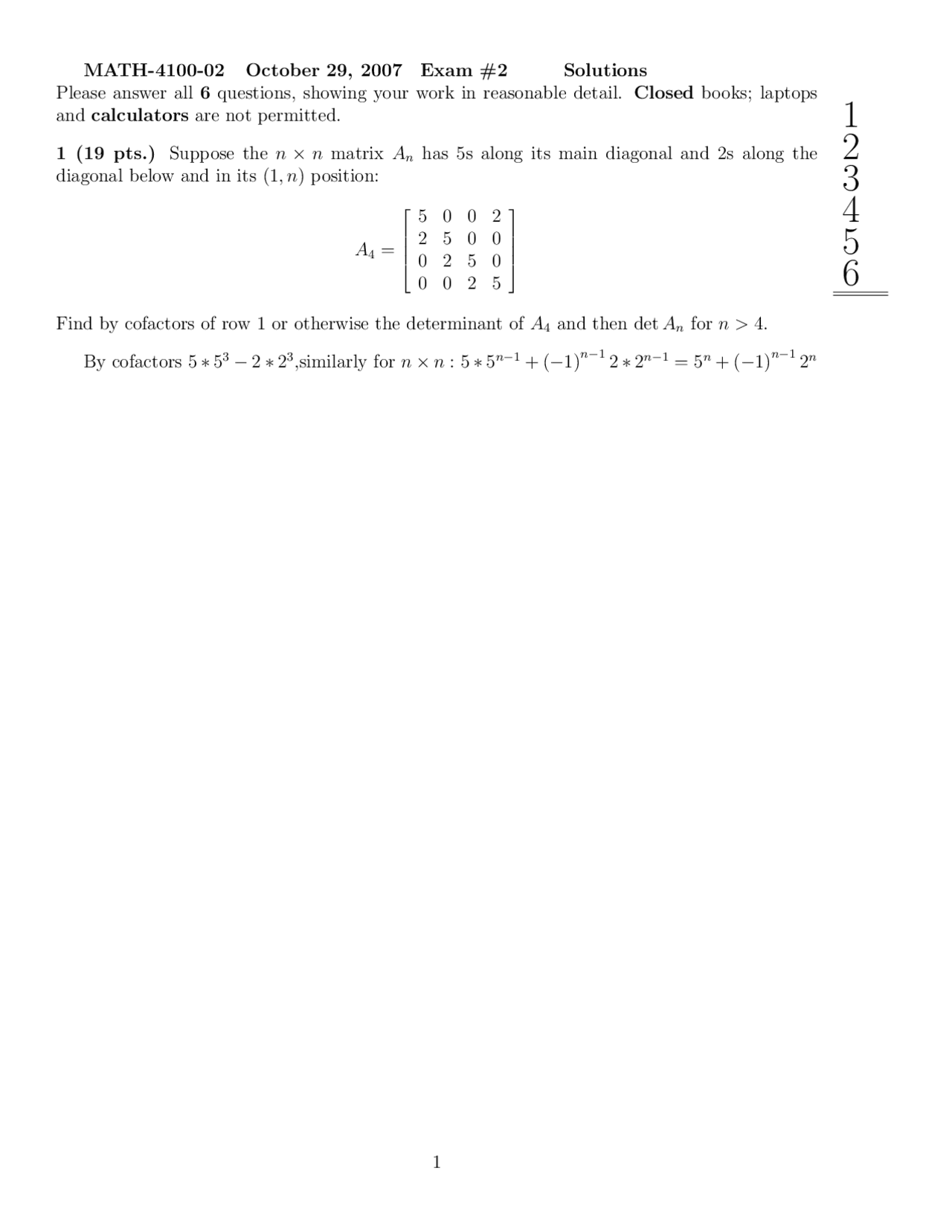 MATH-4100 Exam 2 Solutions: Determinants, Parabolas, Projections, Gram-Schmidt | Exams Linear ...