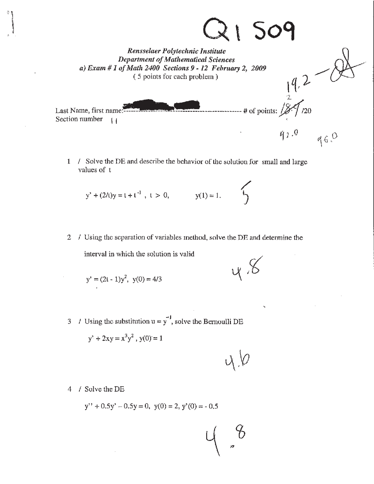 Questions for Introduction to Differential Equations - Old Exam 1 | MATH 2400 | Exams ...