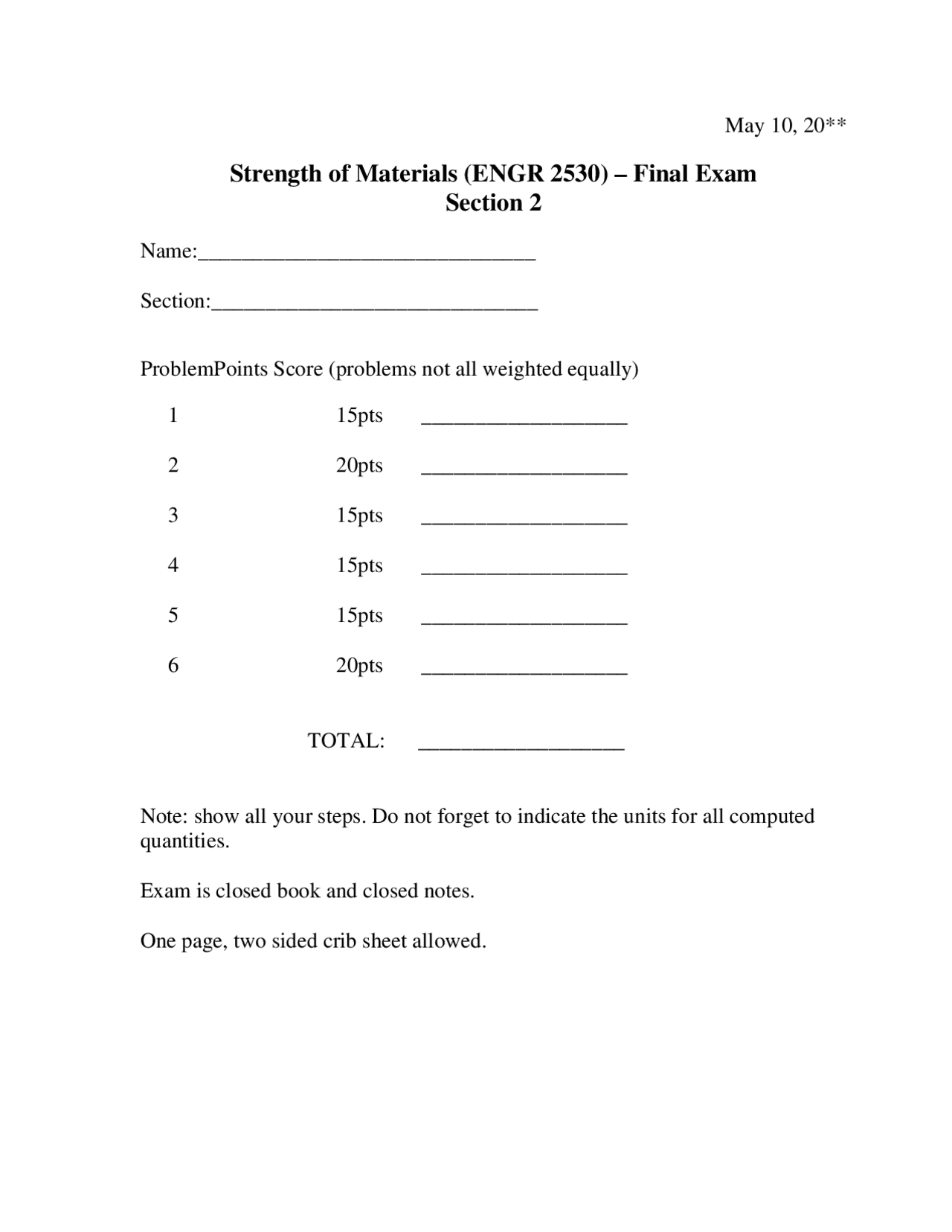 Final Exam For Strength Of Materials Engr 2530 Exams Engineering