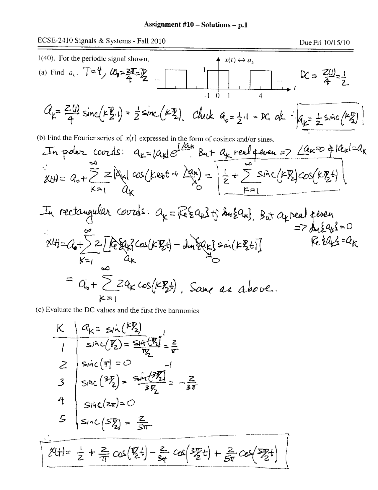 Homework 10 Solutions Signals And Systems Fall 2010 Ecse 2410 Docsity