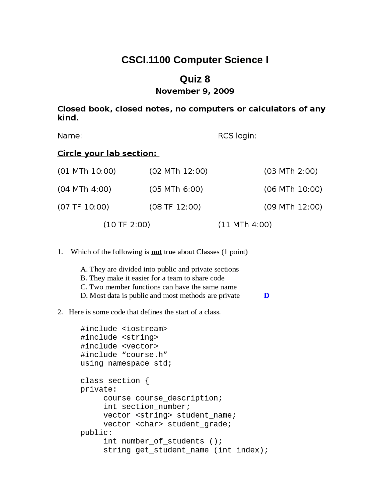 3 Solved Questions on Computer Science - Quiz 8 | CSCI 1100 | Quizzes Computer Science | Docsity