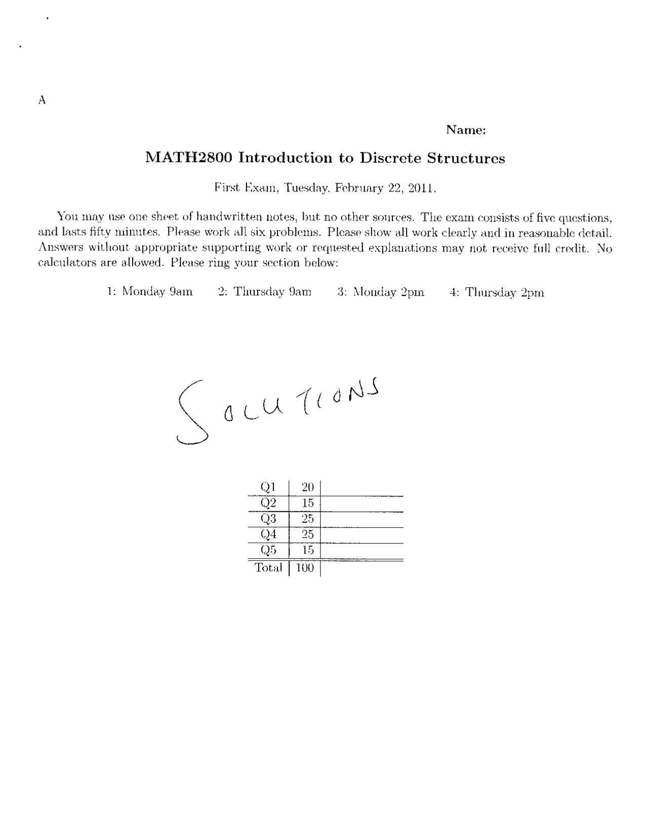 First Exam With Solutions Introduction To Discrete Structures Math