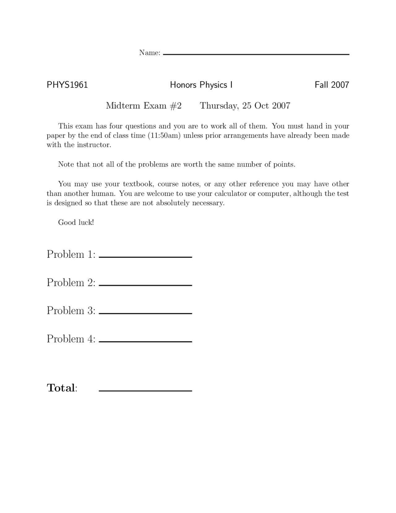 4 Problems on Honors Physics I - Midterm Exam 2 | PHYS 1150 - Docsity