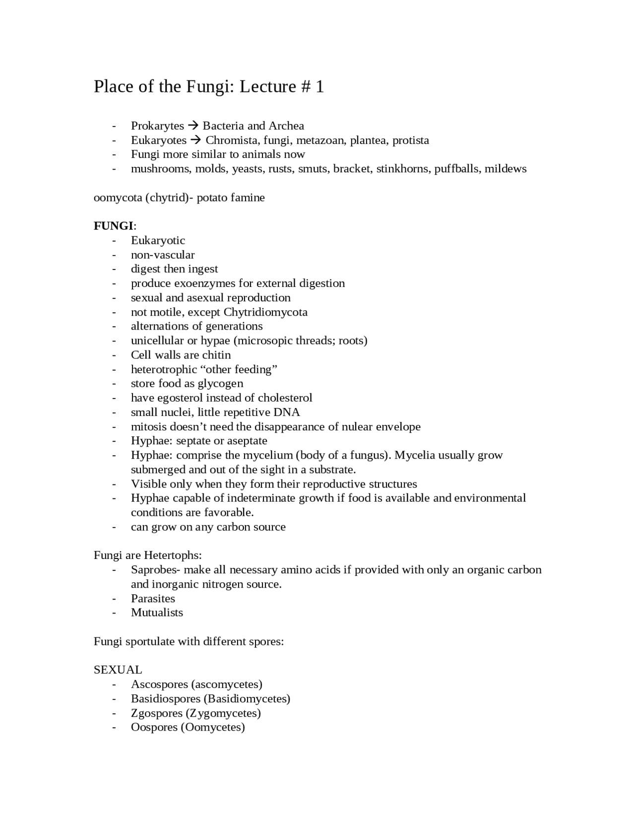 Place of the Fungi - Lecture Notes | PATH 3010 - Docsity
