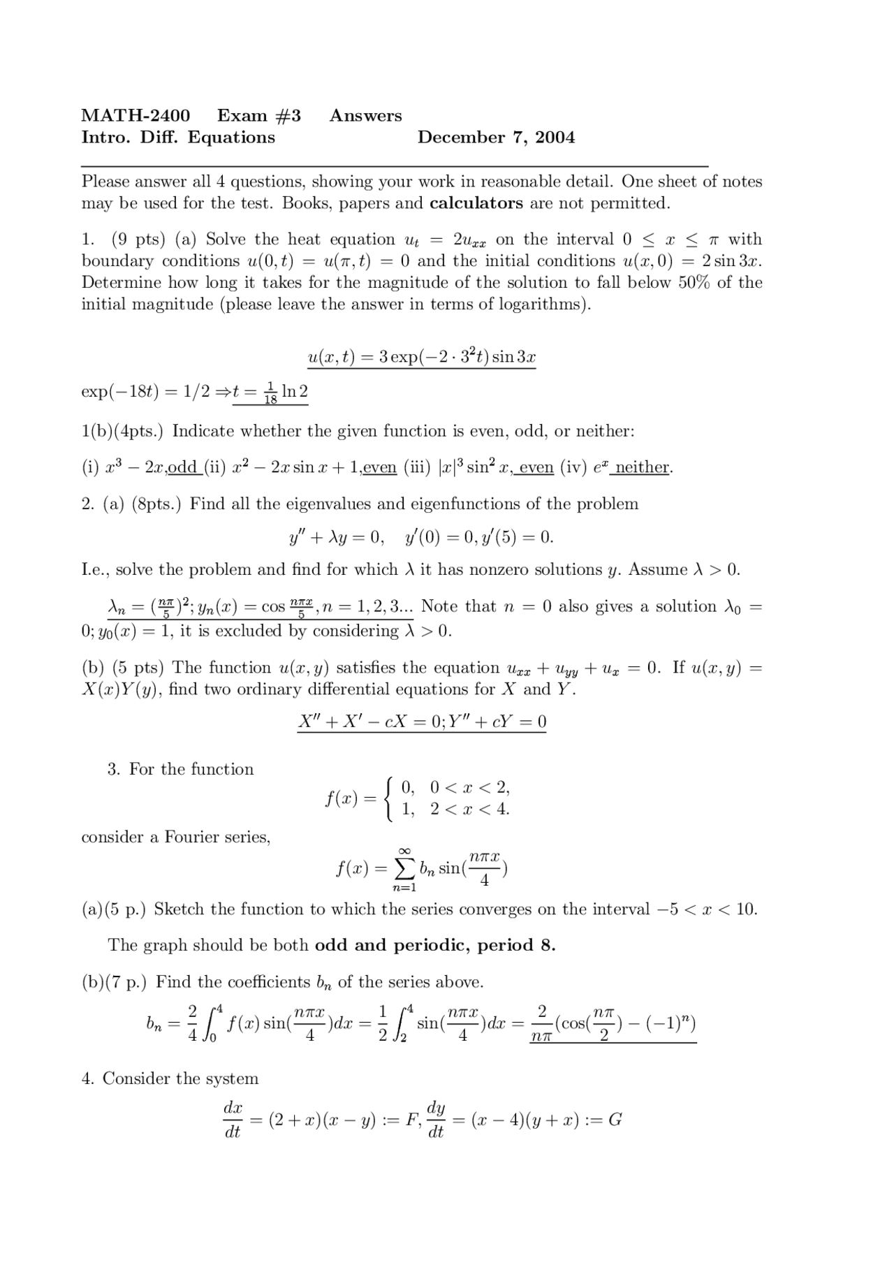 Practice Questions for Exam 3 - Introduction to Differential Equations | MATH 2400 - Docsity
