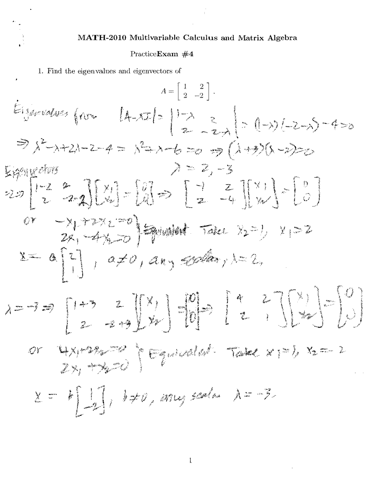 Practice Exam 4 Solutions Multivariate Calculus And Matrix Algebra
