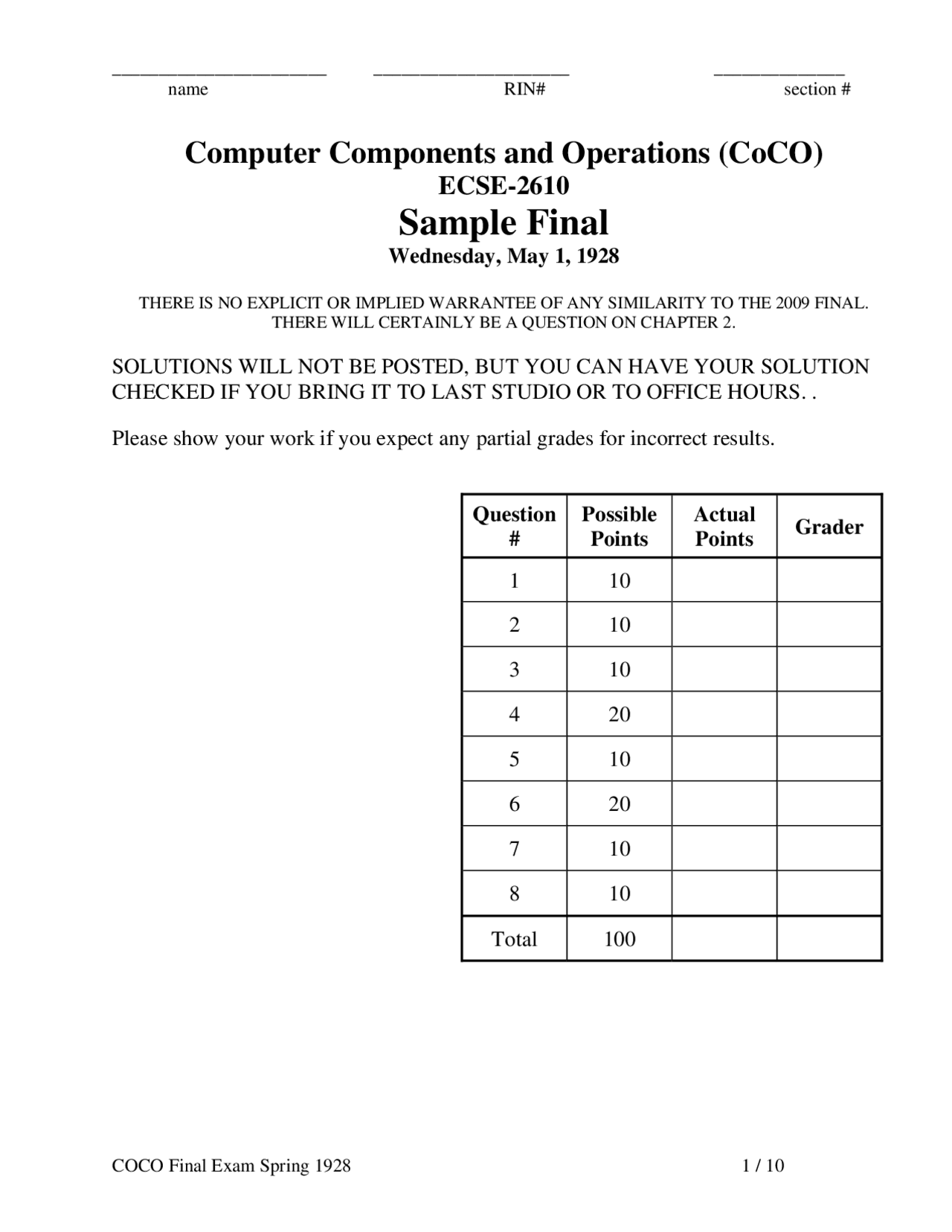 Final Exam Questions For Computer Components And Operations Ecse 2610