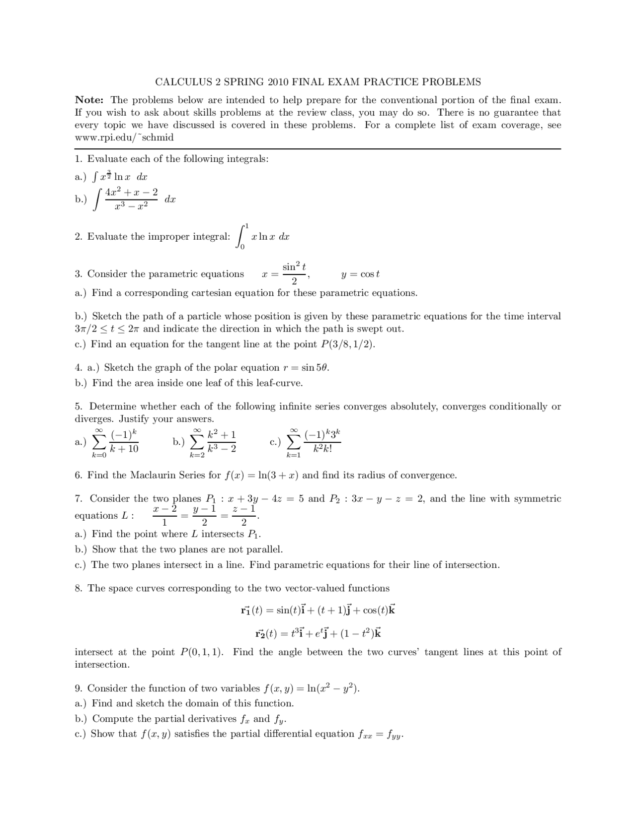 Calculus Ii Final Exam Paper Math 1020 Docsity