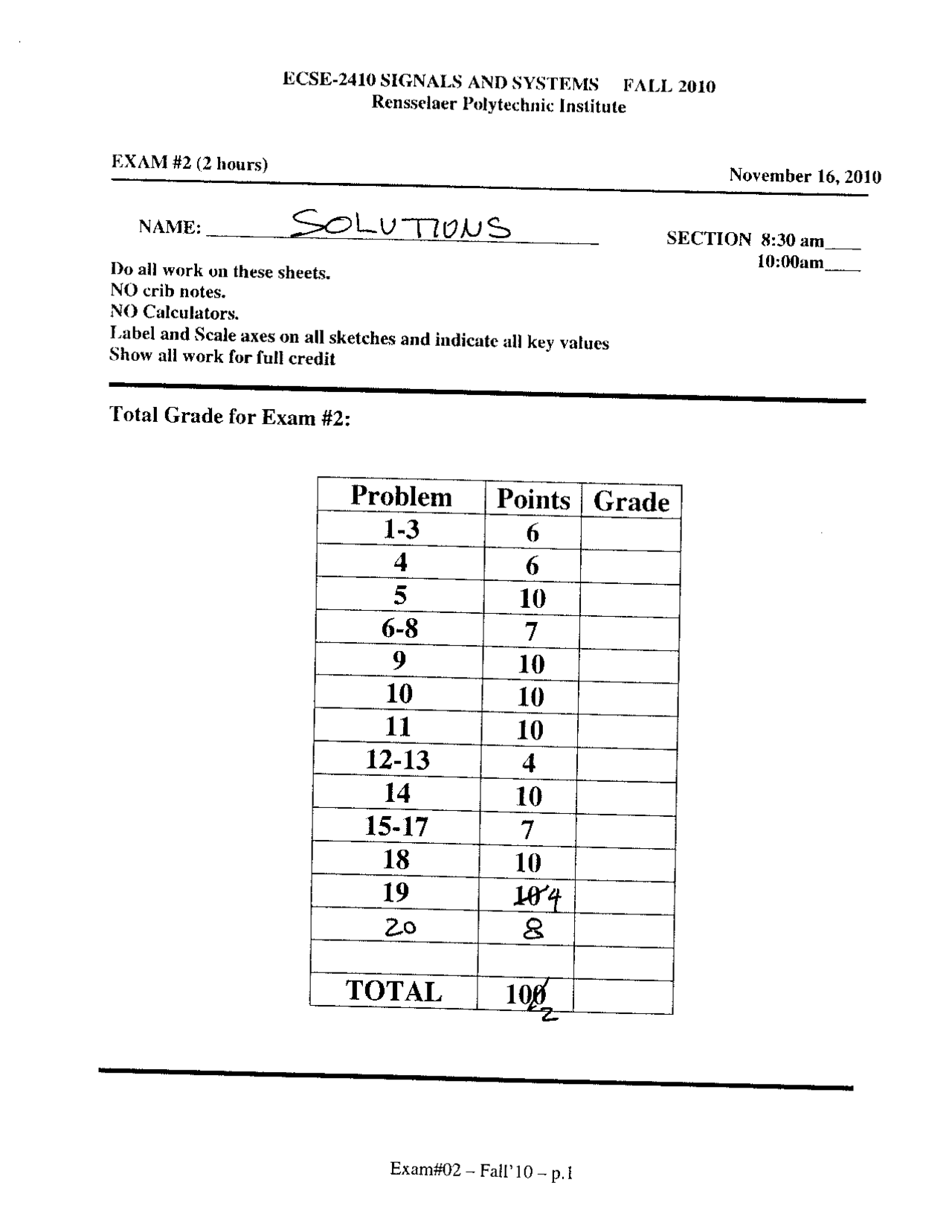 Exam 2 Solutions Key Signals And Systems Ecse 2410 Docsity