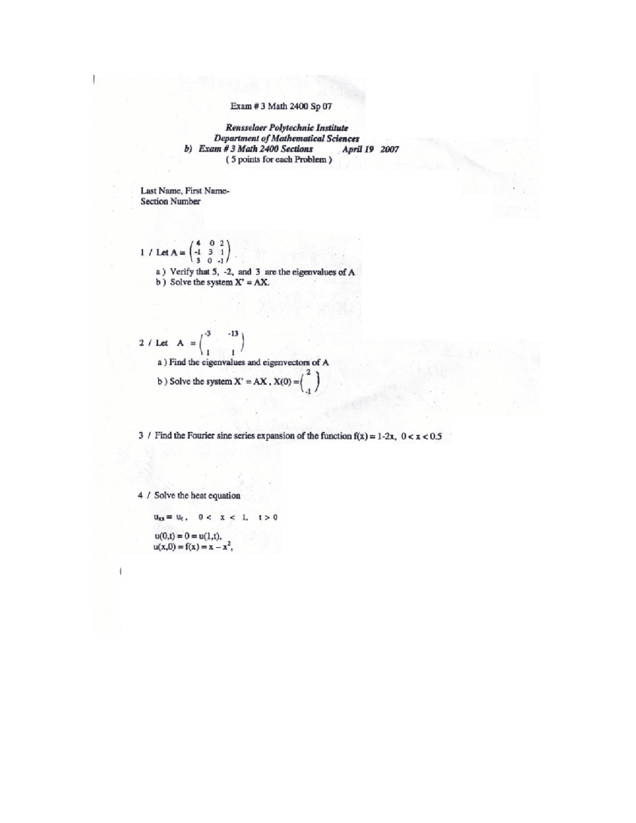 Introduction to Differential Equation - 4 Questions for Exam 3 | MATH 2400 | Examens Équations ...
