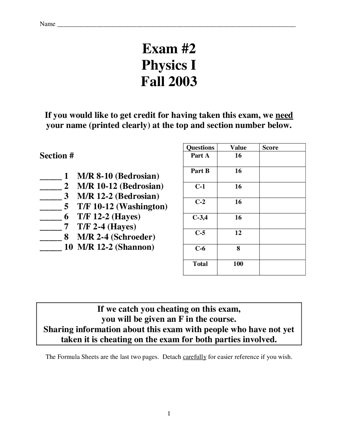 Questions on PHYSICS I - Formulas Given - Exam | PHYS 1100 - Docsity