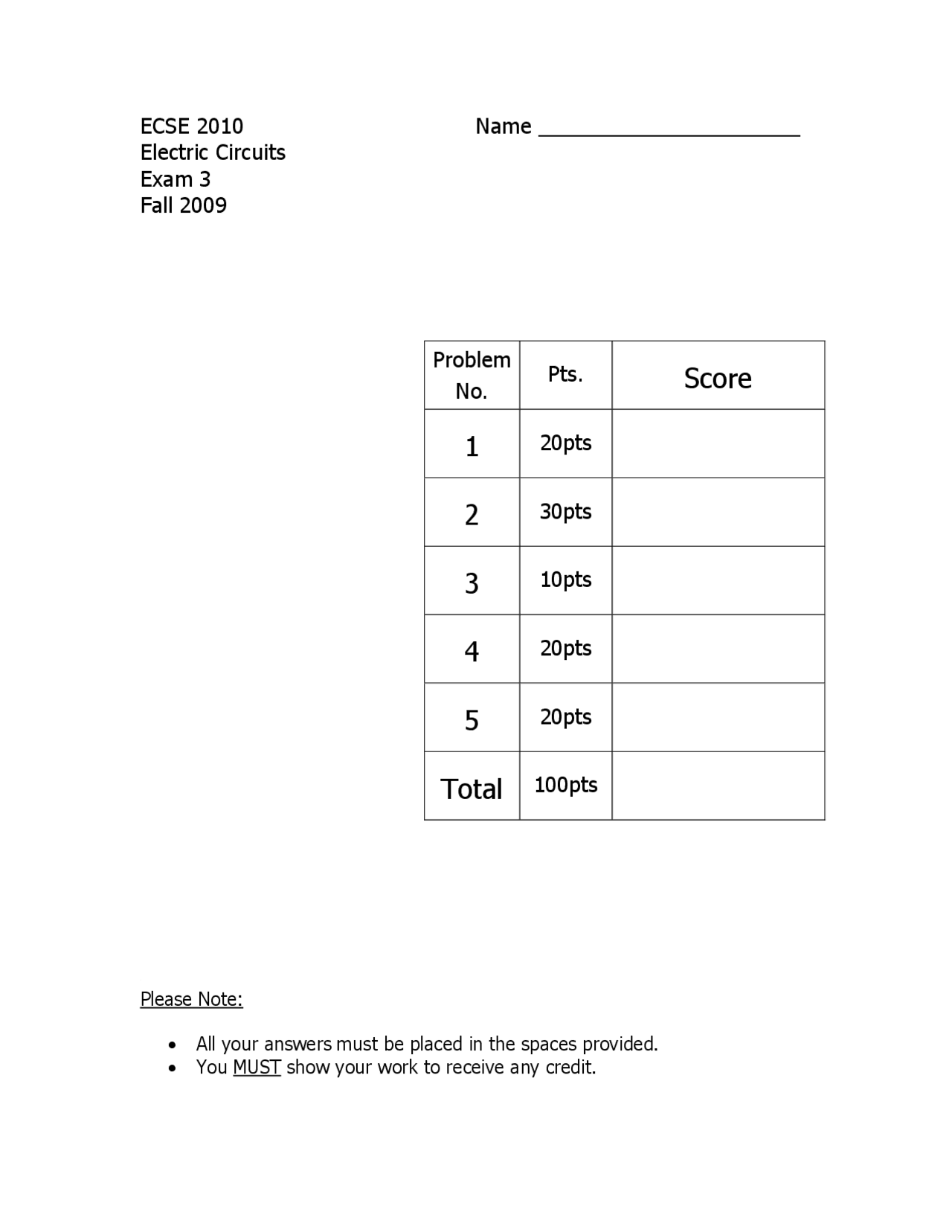 Exam 3 Electric Circuits 5 Problems Ecse 2010 Docsity